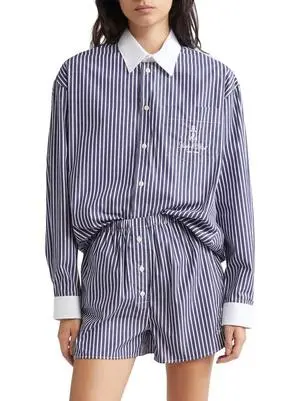 SPORTY & RICH Vendome Oversize Cotton Poplin Button-up Shirt - Blue Striped
