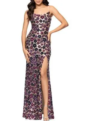 Betsy & Adam Floral Sequin Gown - Plum