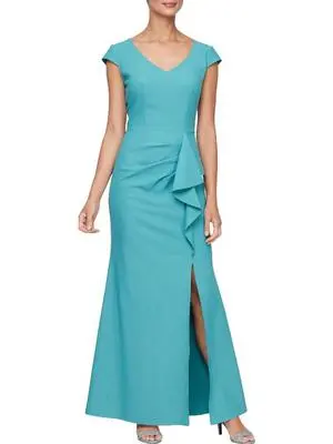 Alex Evenings Side Ruffle V-neck Gown - Teal