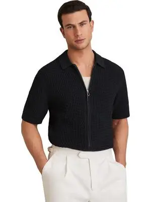 REISS Comet Textured-knit Zip-through Shirt - Navy