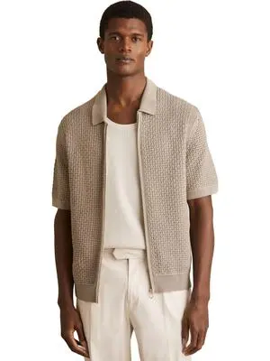 REISS Comet Textured-knit Zip-through Shirt Stone