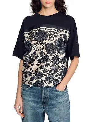 Sandro Floral Print Tee - Ecru/black