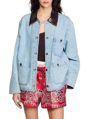 Sandro Leather Collar Denim Jacket - Light Blue Jean