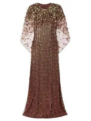 Jenny Packham Jenny Packham Nettie Cape-Effect Embellished Sequined Tulle Gown Bronze