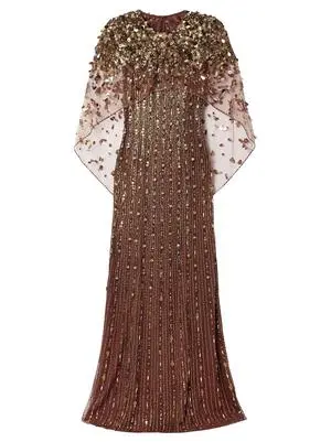 Jenny Packham Nettie Cape-effect Embellished Sequined Tulle Gown - Metallic