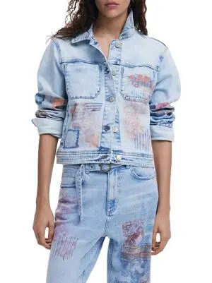 Desigual Patch Print Denim Trucker Jacket - Medium Blue