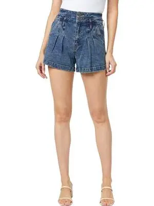 Habitual High Waist Pleat Front Denim Shorts - Lagoon