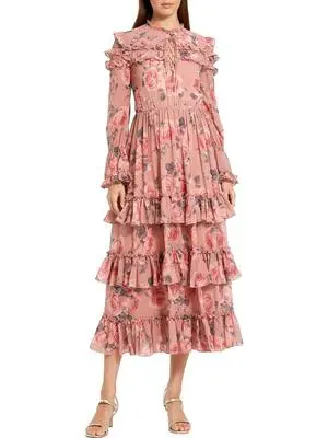 Mac Duggal Printed Long Sleeve Lace-up Ruffle Dress - Rose Multi