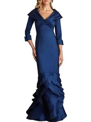 Tadashi Shoji Ruffle Detail Fit & Flare Taffeta Gown - Navy