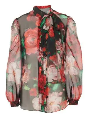 DOLCE & GABBANA Floral Silk Organza Tie-Neck Blouse