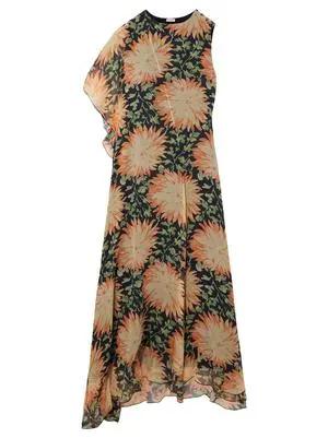Loewe One-sleeve Floral-print Silk-crepon Dress - Orange
