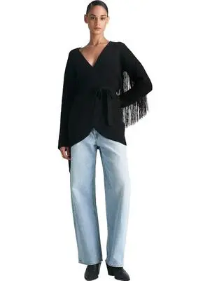 Lela Rose Fringe Back Merino Wool Cardigan - Black