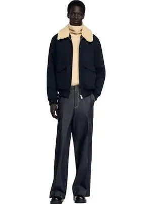 Sandro Shearling Collar Aviator Jacket - Navy Blue