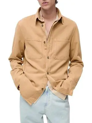 Mango Regular Fit Lyocell & Cotton Button-up Overshirt Beige