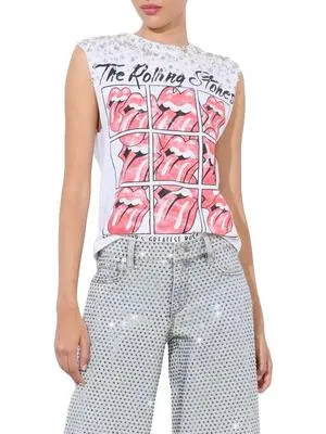 Alice + Olivia Micah Crystal Detail Rolling Stones Graphic Muscle T-shirt - Off White Multi
