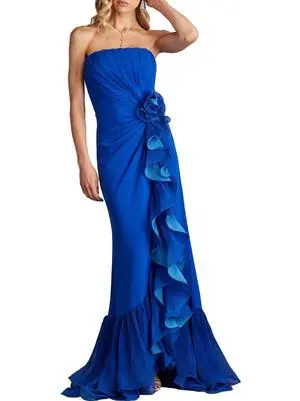 Tadashi Shoji Ruffle Detail Strapless Gown - Mystic Blue