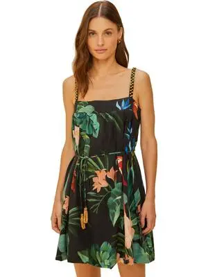 Farm Rio Midnight Macaw Fiesta Lenzing Ecovero Euroflax Mini Dress - Midnight Macaw Fiesta Black