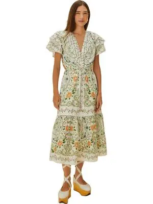 Farm Rio Folk Floral Lace Midi Dress - Folk Floral Off-white