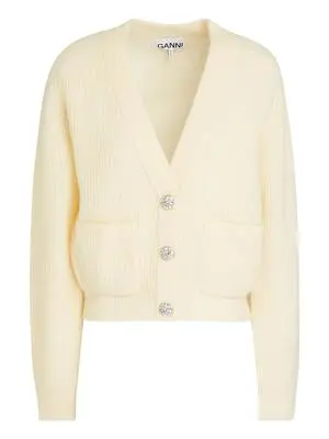 GANNI Ribbed-Knit Cardigan Cream