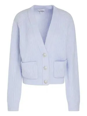 GANNI Ribbed-Knit Cardigan Light Blue