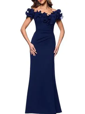 XSCAPE EVENINGS Lace Detail Off-the-shoulder Gown - Navy