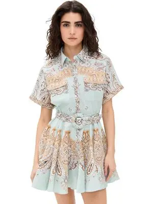 Hemant & Nandita Paisley Print Mini Dress With Belt - Blue Brown