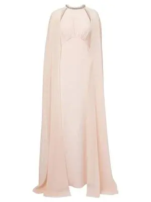 Roland Mouret Embellished Caped Silk Chiffon Gown - Beige