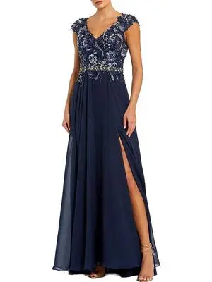 Mac Duggal Embellished Cap Sleeve Gown With Flowy Skirt And Slit - Midnight