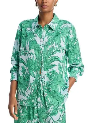Aqua Palm Printed Satin Shirt - Light Blue