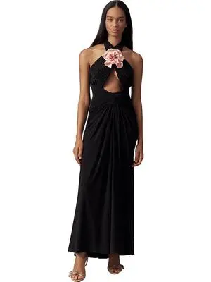 Mac Duggal Halter 3d Rosette Jersey Maxi Dress - Black