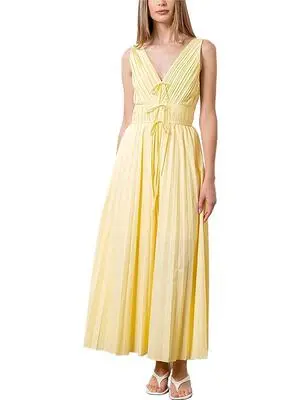 Moon River V Neck Tie Front Midi Dress - Light Yellow