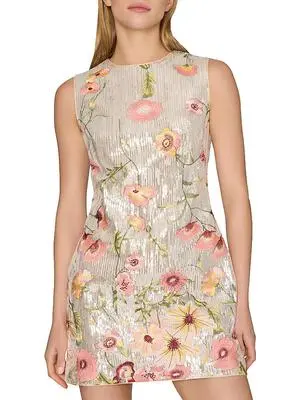 MILLY Ivette Floral Sequins Embroidery Dress Silver Multi