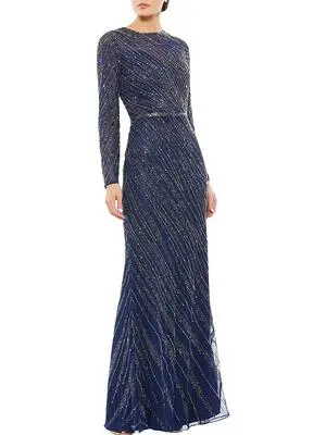 Mac Duggal Long Sleeve Beaded Gown - Midnight