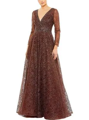 Mac Duggal Embellished V-neck Long Sleeve A-line Gown - Chocolate