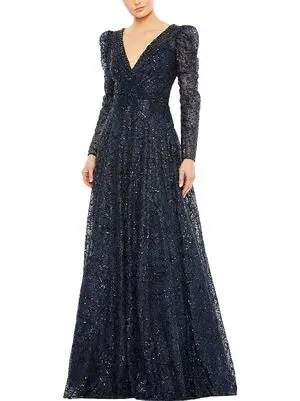 Mac Duggal Embellished V-neck Long Sleeve A-line Gown - Midnight