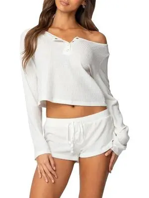 EDIKTED Teddy Waffle Knit Crop Henley - White