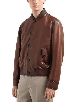 EMPORIO ARMANI Regular Fit Button Front Leather Bomber Jacket