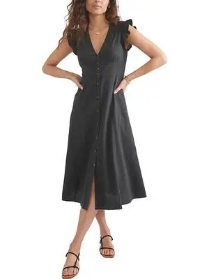 Marine Layer Camilla Flutter Sleeve Midi Dress - Black
