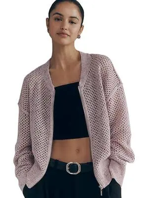 PILCRO Stitchy Bomber Cardigan Sweater - Scallop Shell