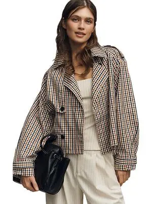 Maeve Crop Trench Coat Tan Multi Plaid