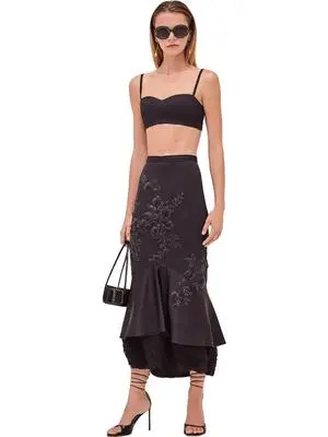 Alexis Kiernan Embroidered Flared Midi Skirt Black