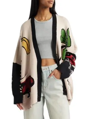 DRESSED IN LALA Lucky Clover Oversize Cardigan - Beige/black