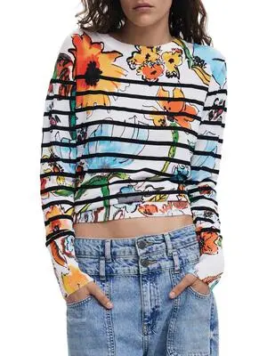 Desigual Stripe Floral Crewneck Sweater - White Multi