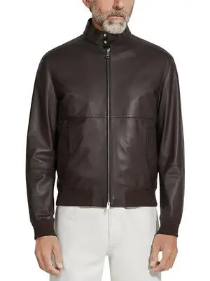 Zegna Zegna Nappa Leather Bomber Jacket Dark Brown