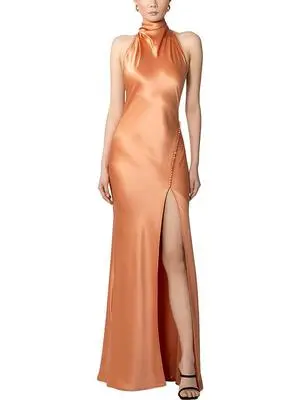SAU LEE Penelope Satin Halter Neck Gown - Terracotta