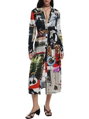 Desigual Belted Maxi Shirt Dress - White Multi
