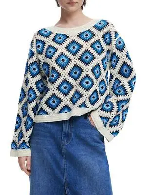 Desigual Geo Open Knit Sweater - Blue Multi