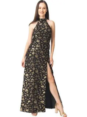 RAAS Leontine Halter Brocade Gown With Slit - Black