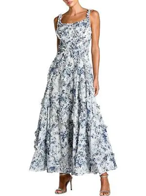 Mac Duggal Floral Ruffled Sweetheart Neck Gown - Blue Multi