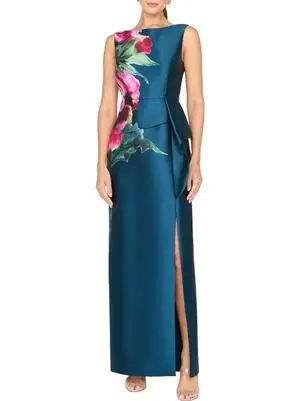 KAY UNGER Kay Unger Luciana Placed Floral Column Gown Blue Opal